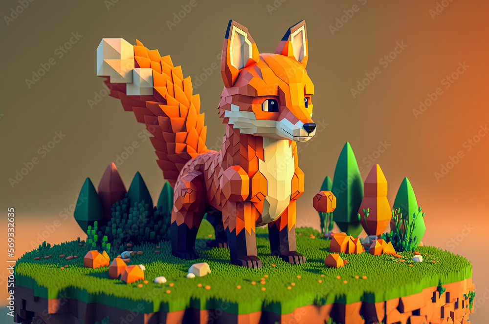 Fox, animals made of 3d cubes, voxel illustration for video games or ...