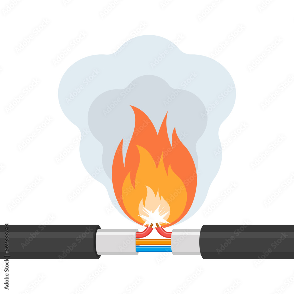 Wire is on fire. Fire-fighting wiring. Faulty damaged cable. Fire from ...
