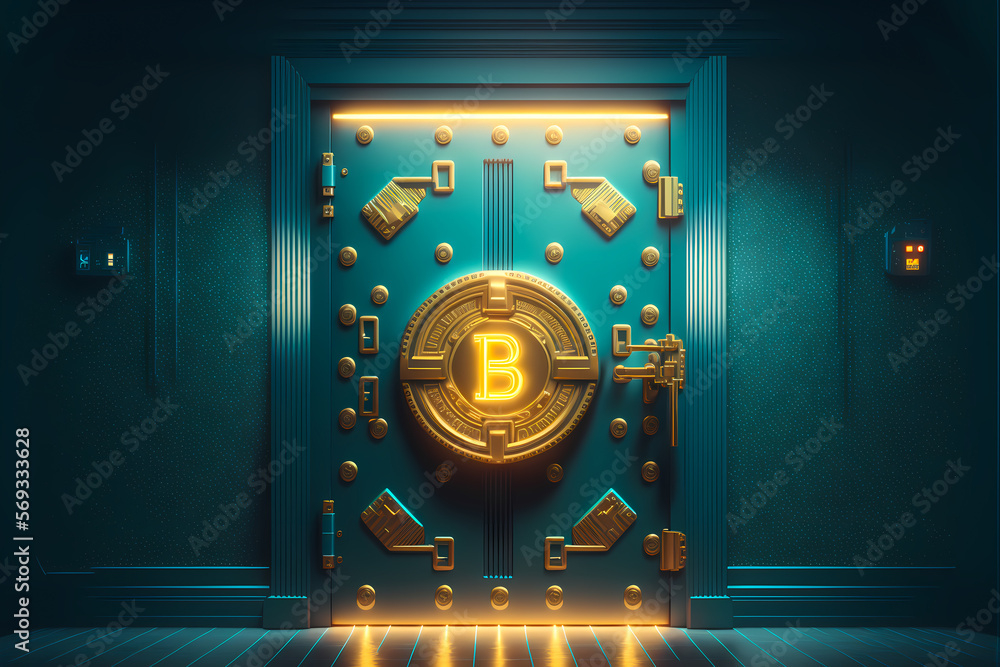 Gold Safe deposit with bitcoin logo. Concept symbol of cryptocurrency ...