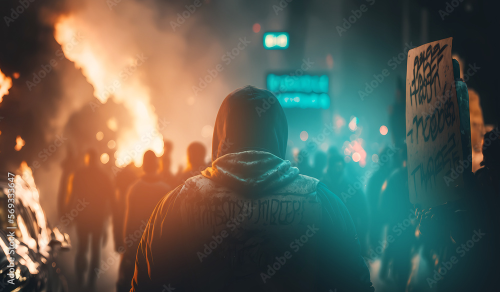 Concept protesters riot people. Back view Aggressive man without face ...