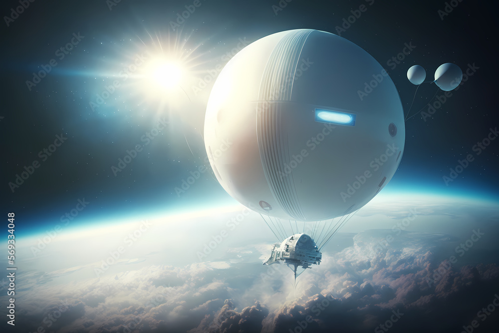 Meteorological probe drone on white balloon on sky. Concept secret ...