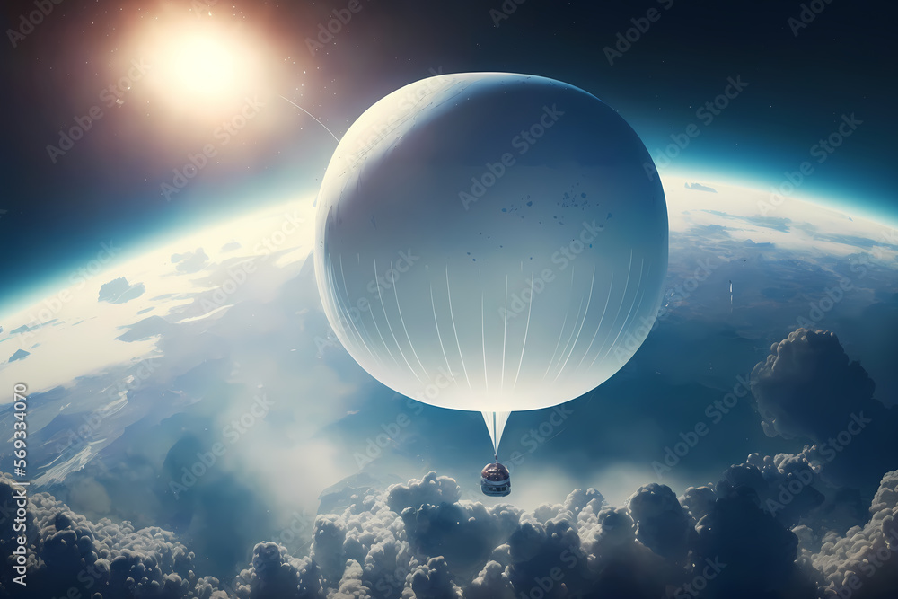 Meteorological probe drone on white balloon on sky. Concept secret ...