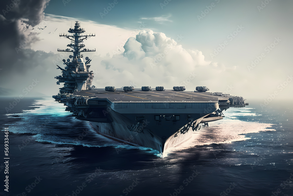 Military navy ship carrier in water. Warships set out on secret mission ...