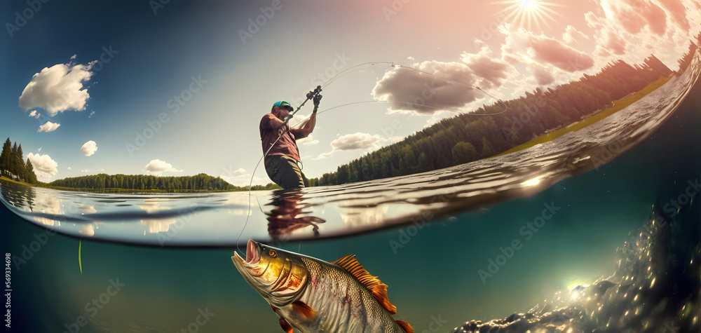 Fishing sport. Fisherman and fish trout with sunlight, underwater view ...