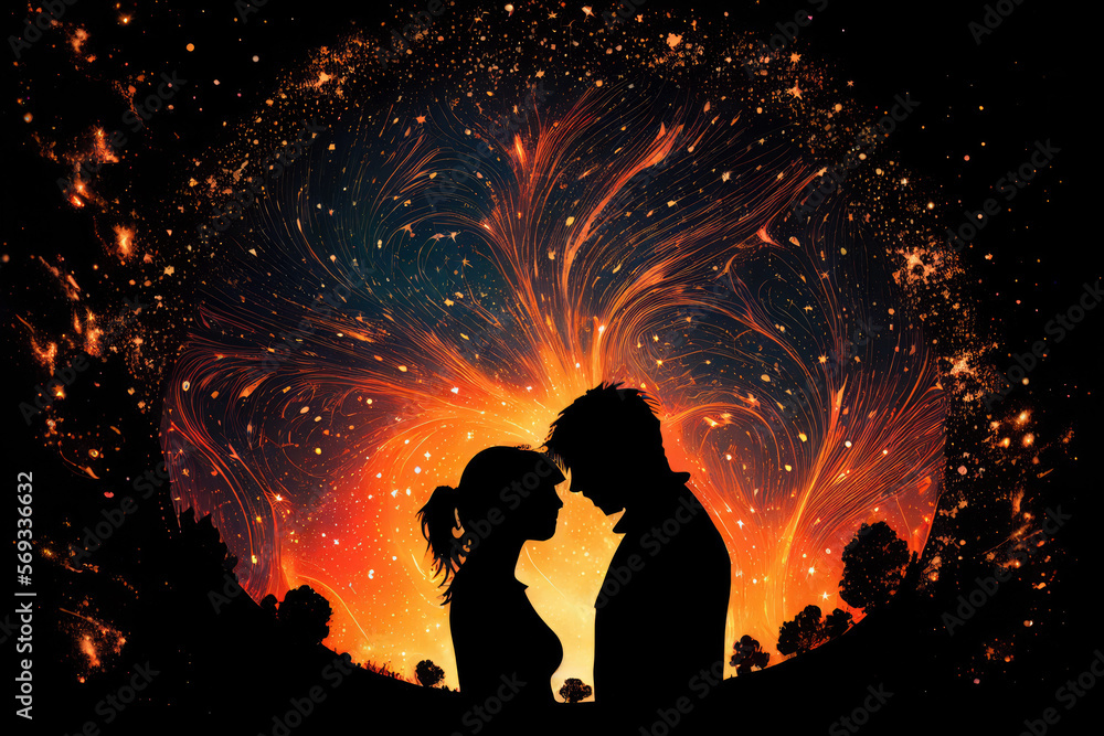 Man and woman standing together against abstract futuristic background ...