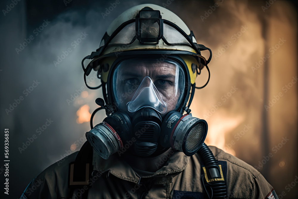 Generative AI illustration of a firefighter with smoke mask and helmet ...