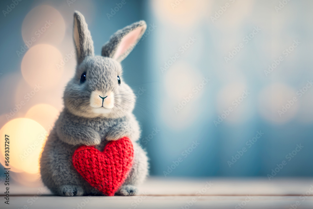 Cute bunny with red knitted heart. Valentine's Day greeting card ...