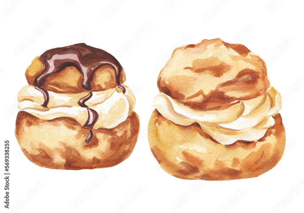 Profiteroles watercolour illustration. French desert, food art. Stock ...