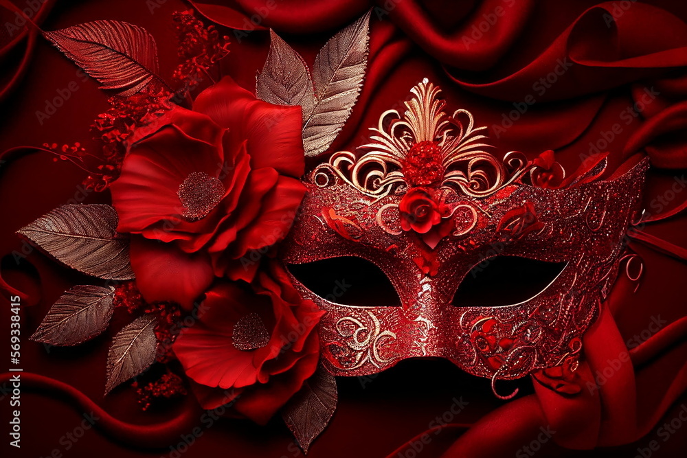 Red Carnival venetian mask with red flowers decoration on red velvet ...