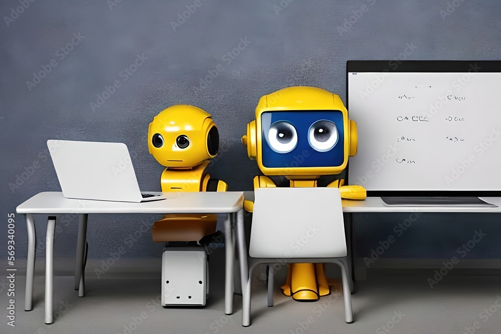 Smart and cute little humanoid robot with a laptop. Concept of ...