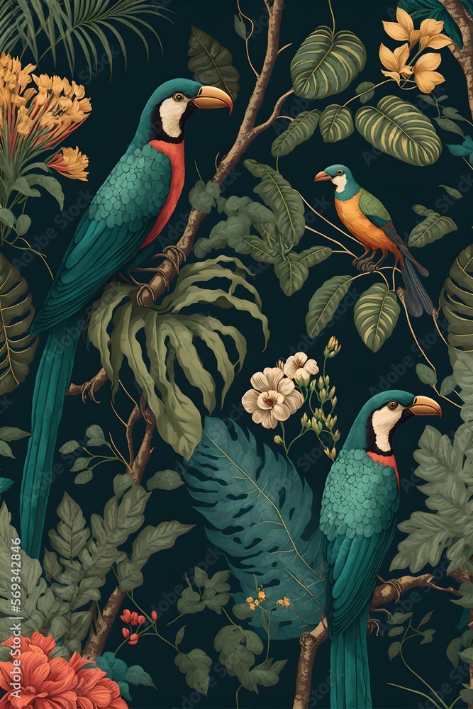 wallpaper vintage jungle pattern with birds plants and flowers and grey ...