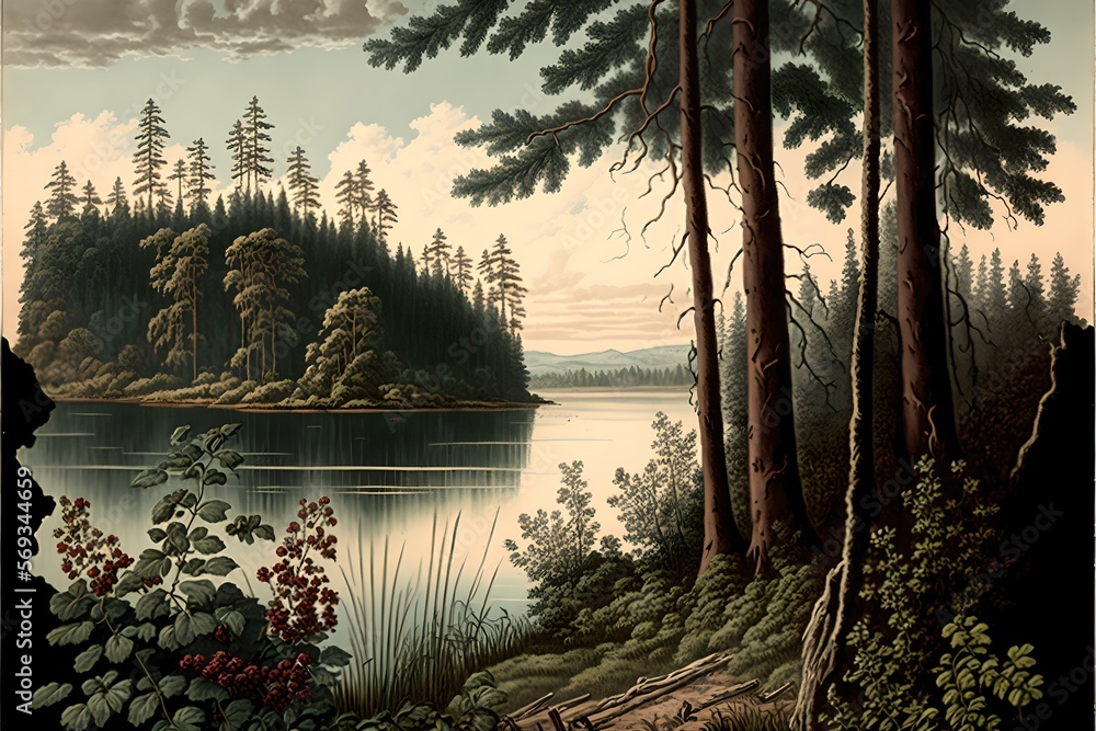 Vintage wallpaper of forest landscape with lake, plants, trees, birds ...