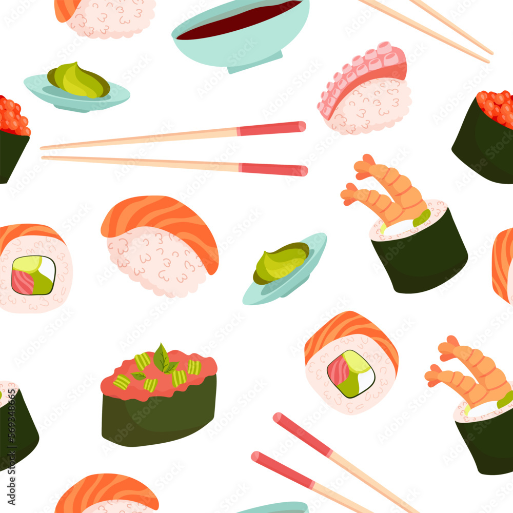 Seamless pattern Set for sushi. Different types of sushi and rolls ...
