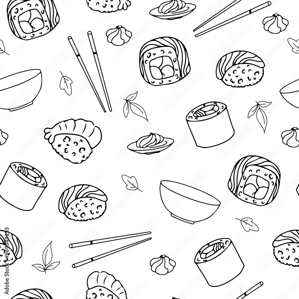 Seamless pattern Set for sushi. Different types of sushi and rolls ...