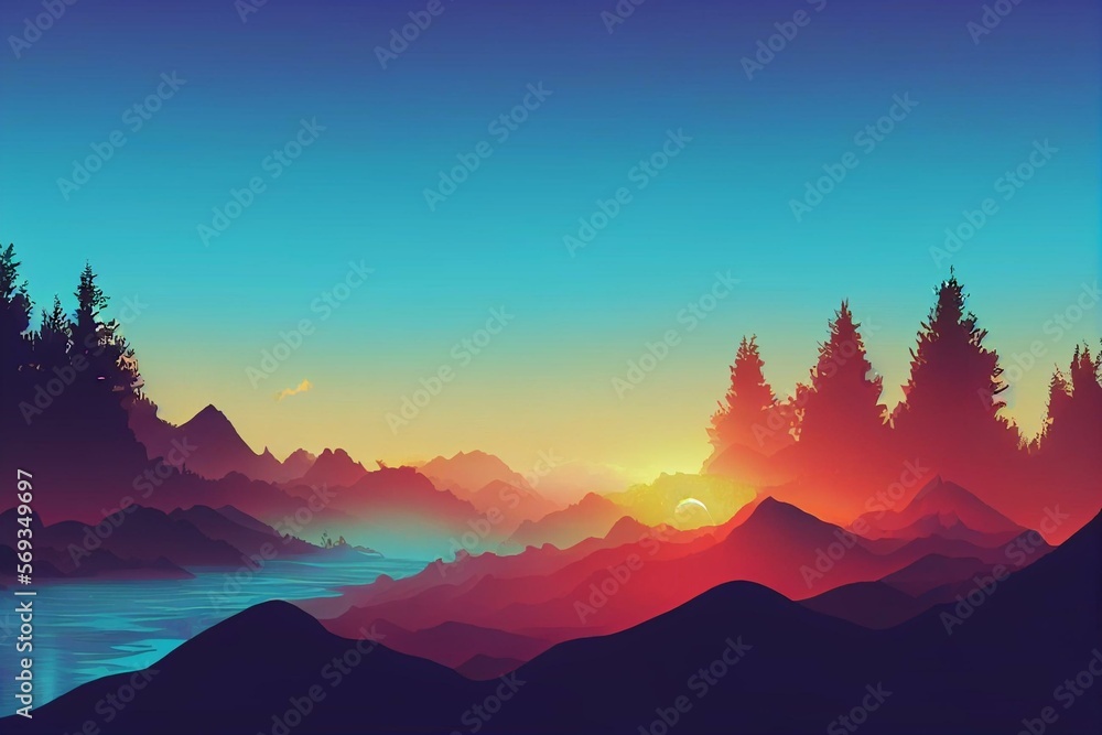 vaporwave comic book style illustration of a sunset over a beautiful ...
