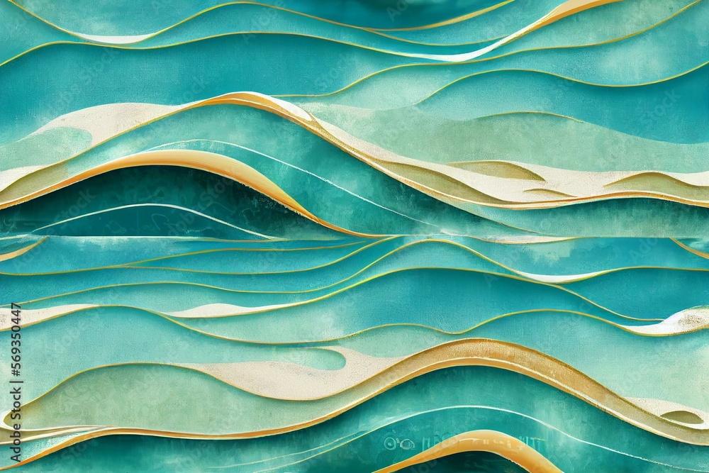 Seamless abstract turquoise blue rolling ocean waves seascape painting ...