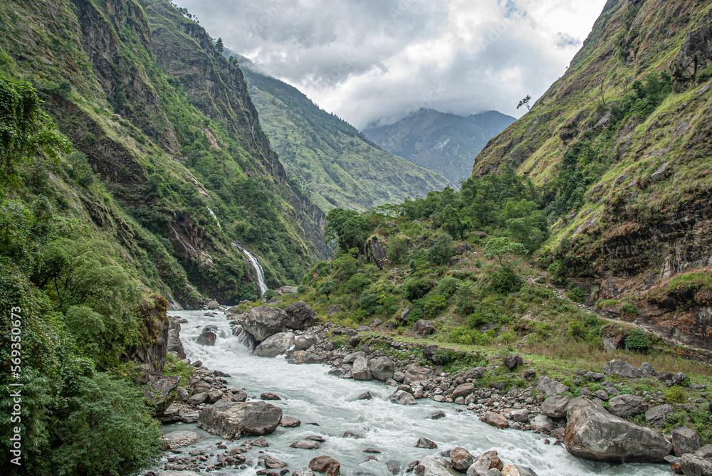 View of Marshyangdi river and Tal village as seen on route of Around ...