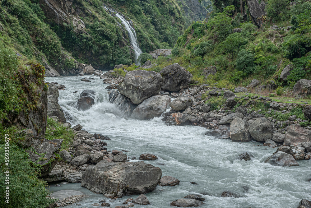 View of Marshyangdi river and Tal village as seen on route of Around ...