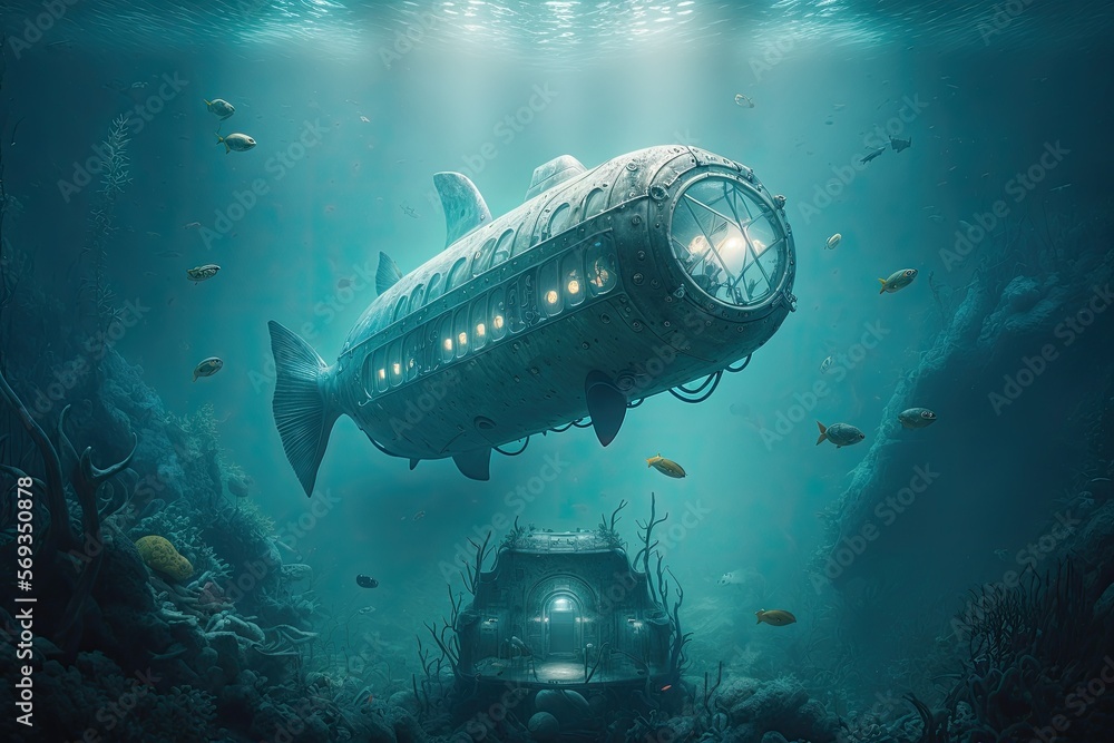 A picture depicts a submarine underwater surrounded by various colorful ...