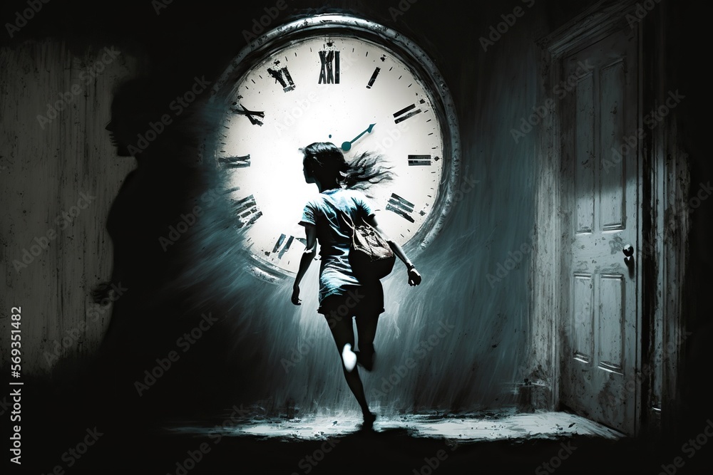 Woman pacing back and forth in dark room with clock hands pointing ...