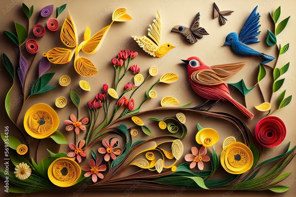 floral background with birds and butterflies - paper quilling concept ...