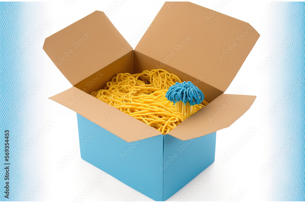 Pasta Bucatini in a blue cardboard box with a large strand of ...