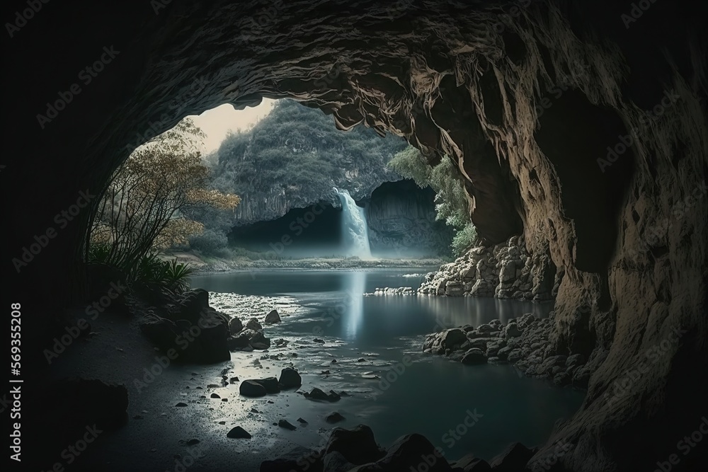 Illustration of underground lakes in a cave. Crystal clear water ...