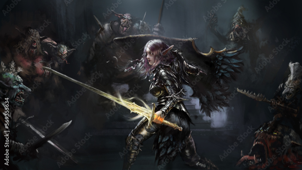 A beautiful dark elf in heavy black armor with a magic sword and shield ...