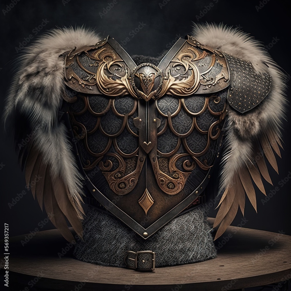 Winged armor, breastplate, viking style, fur and feathers ...