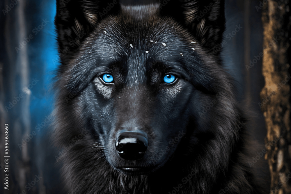 Portrait Of A Black Wolf With Blue Eyes Stock Illustration Adobe Stock