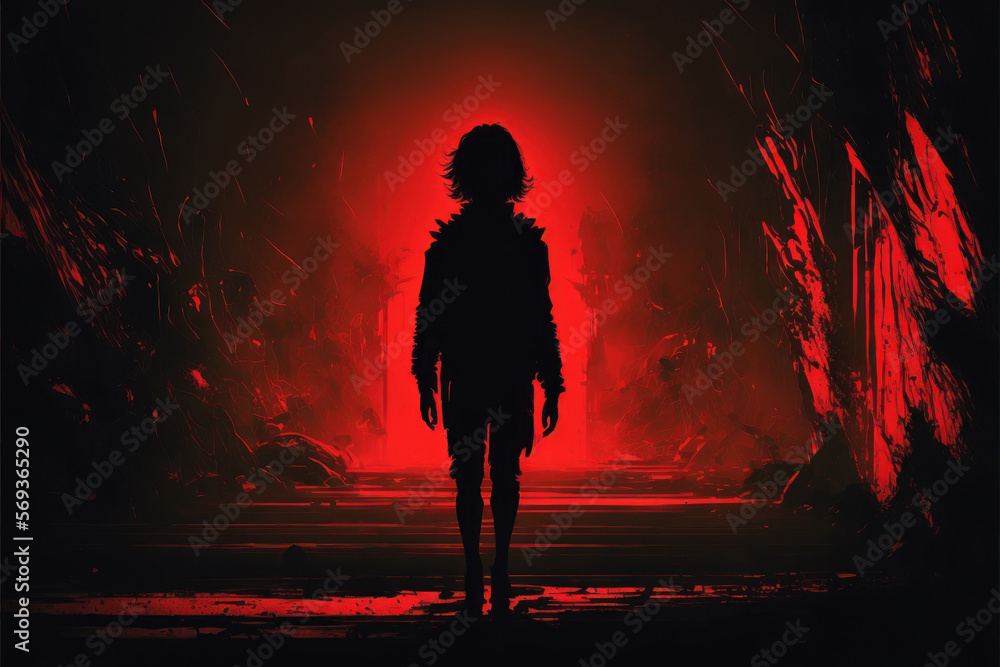 A sillhouette of a person in a red destroyed environment or trapped in ...