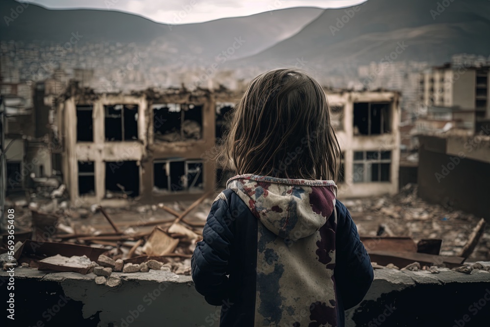child looking at buildings and cityscape destroyed in the earthquake ...
