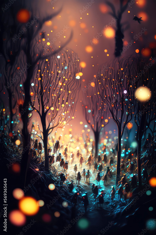 biomechanical magical forest with biomechanical animals and tiny people ...