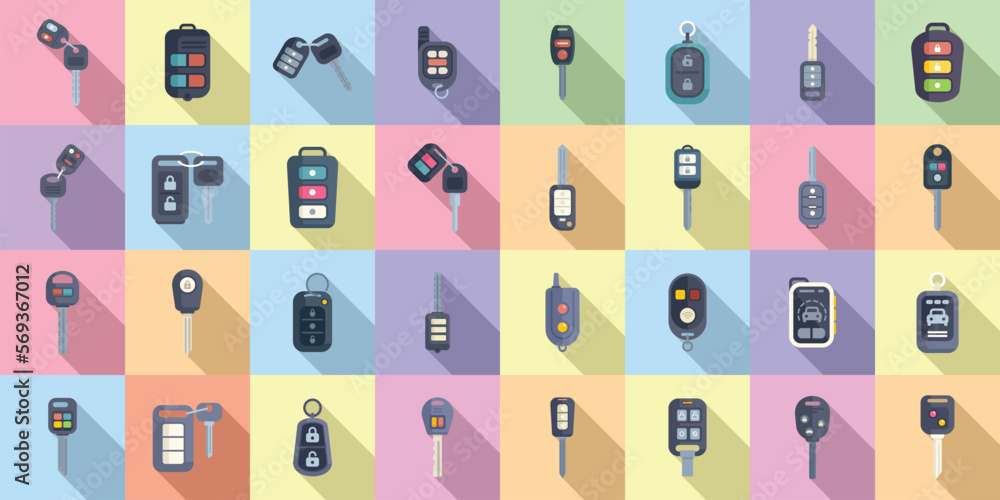 Car alarm system icons set flat vector. Car key. Fob chain Stock Vector ...