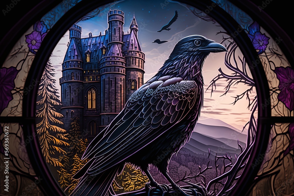 A filigree stained glass of a raven in front of a Gothic castle, 4k ...