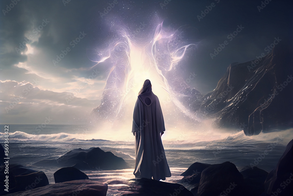 magic man with aura Healing energy standing near the ocean. Aura around ...