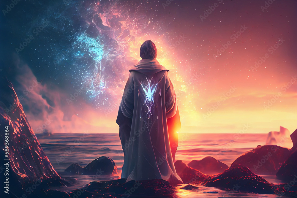 Magic woman in robe with aura Healing energy standing near the ocean ...