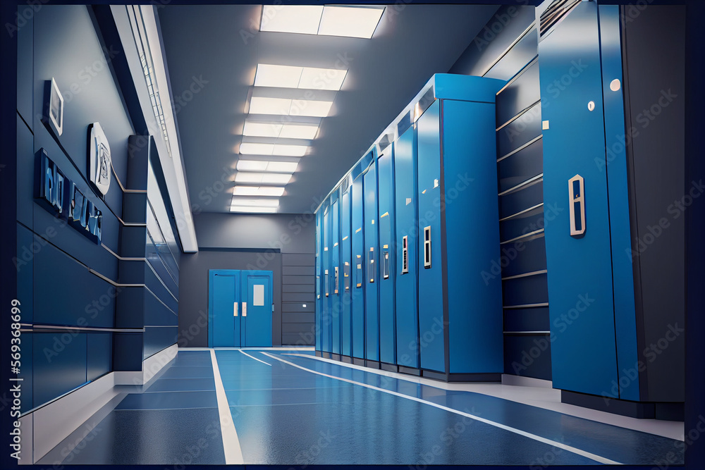 High school lobby corridor interior with row of blue lockers horizontal ...
