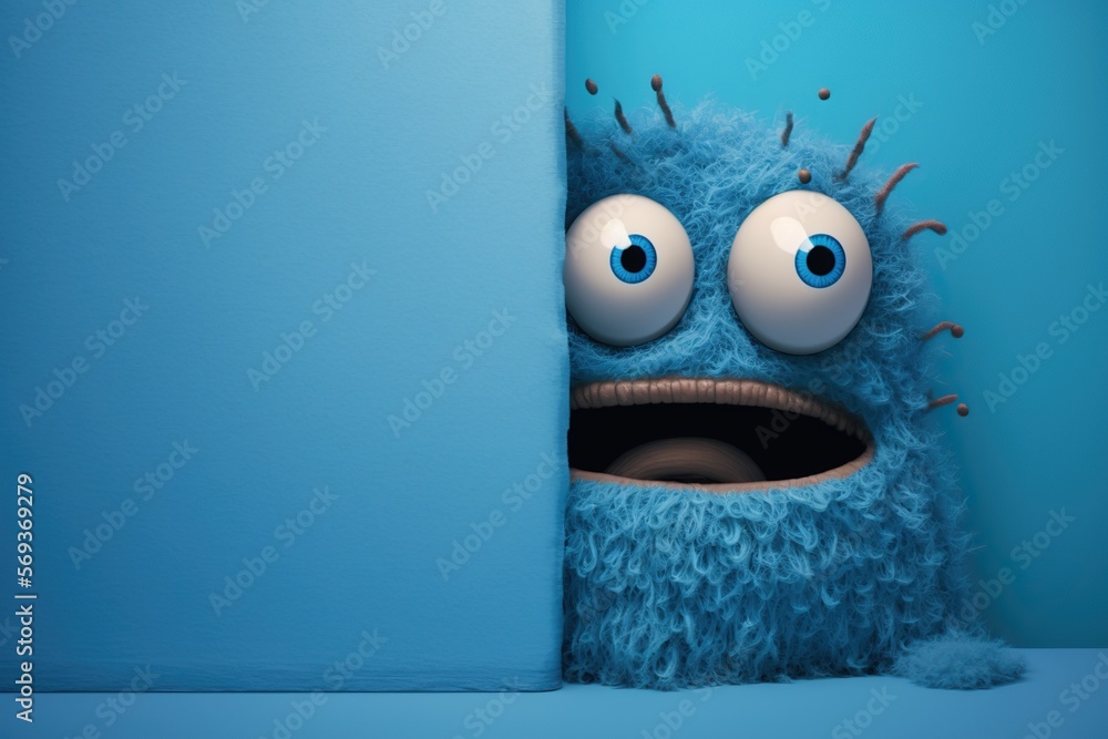 Funny monster peeks out from around corner, concept of Monster Mischief ...