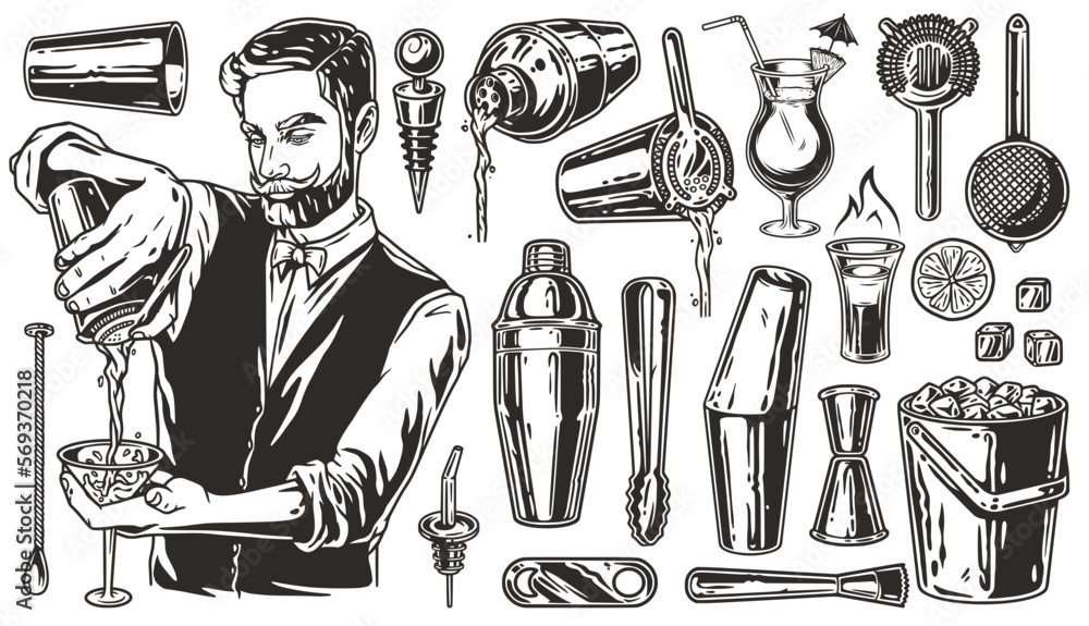 Bartending set with barmen, cocktail shaker, muddler and jigger for ...