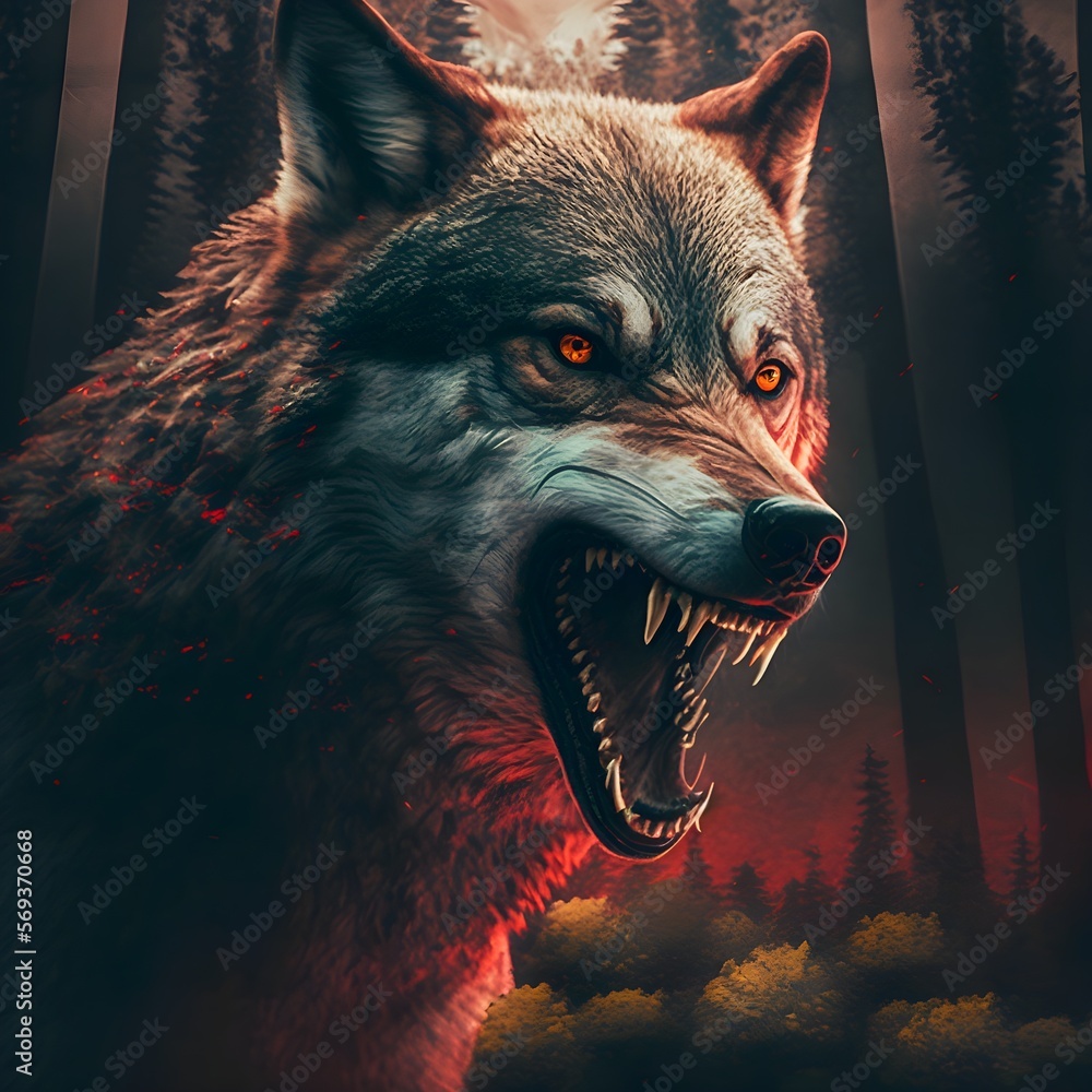 vicious wolf drooling red horror scary hyperrealistic 4K forest background vertical layout ...