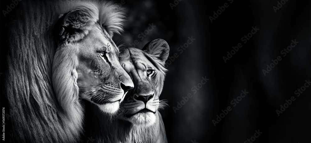 Majestic African lion couple loving pride. animal wildlife, copy space ...