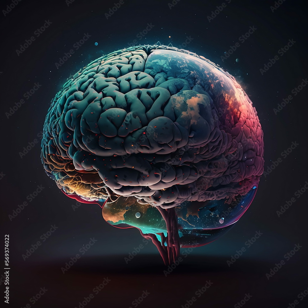 Human brain with planets, self care and mental health concept, positive ...