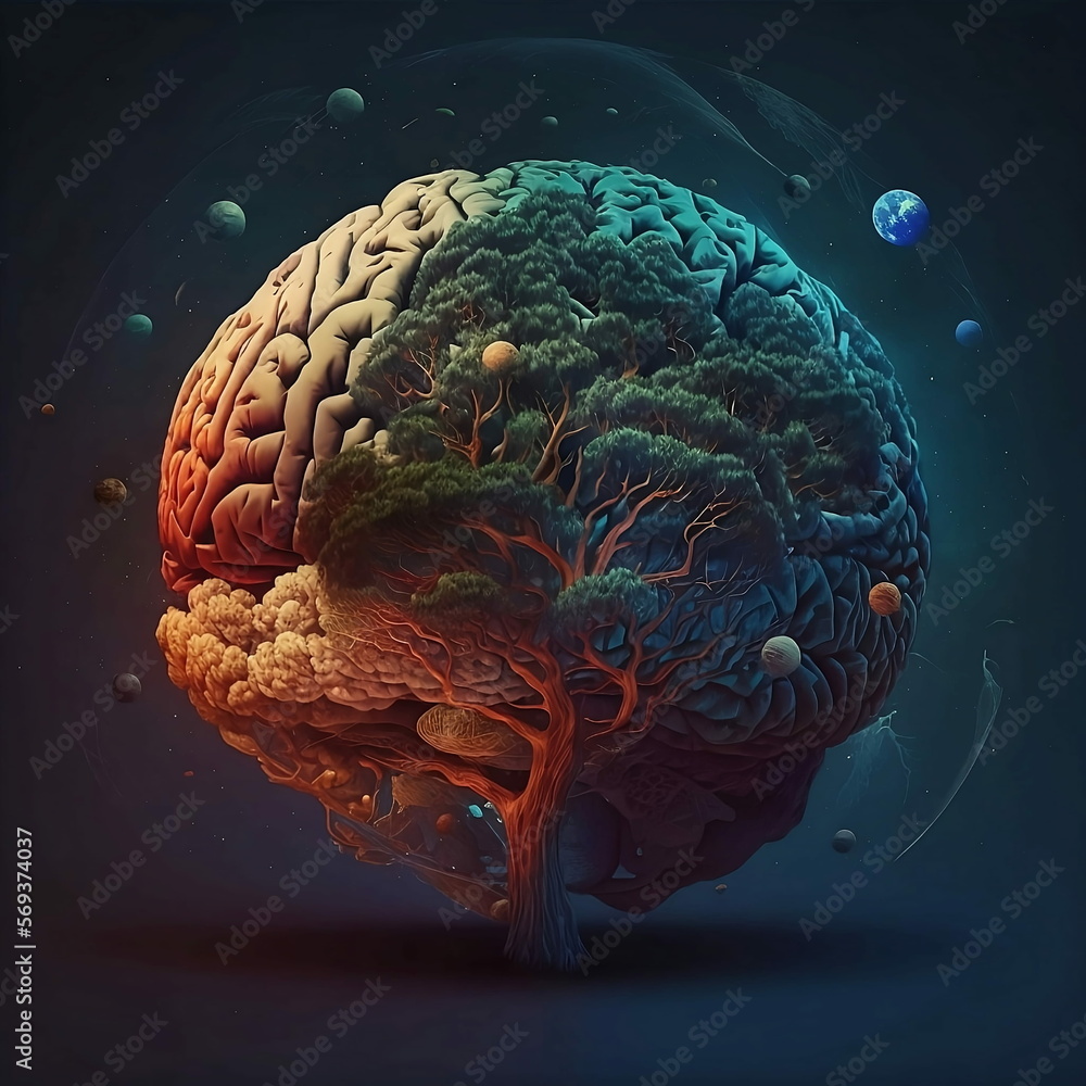 Human brain with planets, self care and mental health concept, positive ...