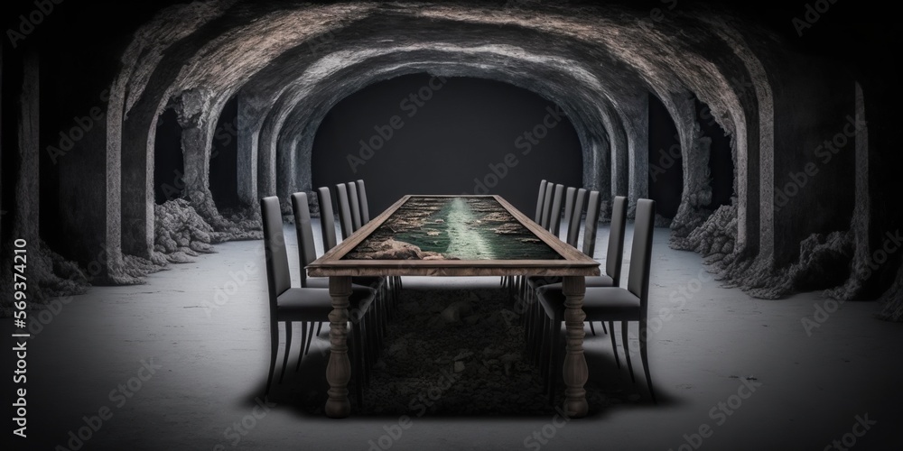Long dining table geep underground, concept of Urban Exploration and ...
