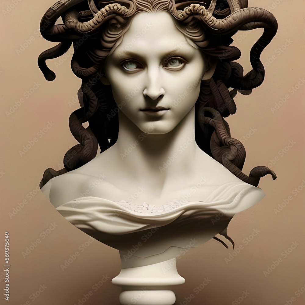 Generative AI image featuring a white marble bust of Medusa, otherwise ...