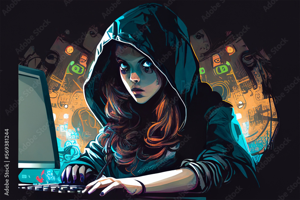 Hacker near the computer makes a hacker attack concept. Internet hacking. Woman member of a ...