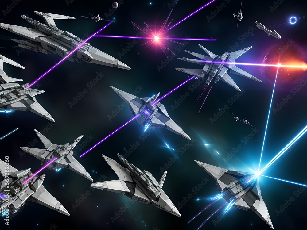 A space battle between two rival fleets of futuristic ships, with laser ...