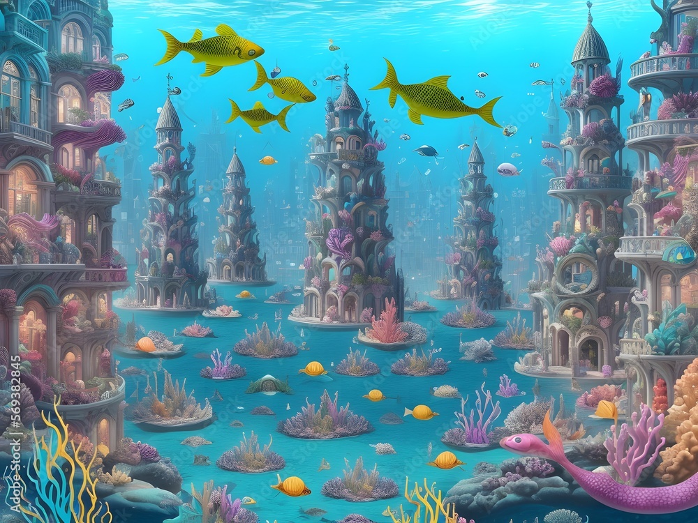A vibrant, bustling underwater city, with mermaids and fish swimming ...