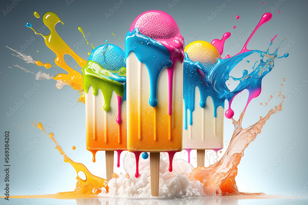 Splashing of colorful ice pops, ice cream, popsicles. Stock ...